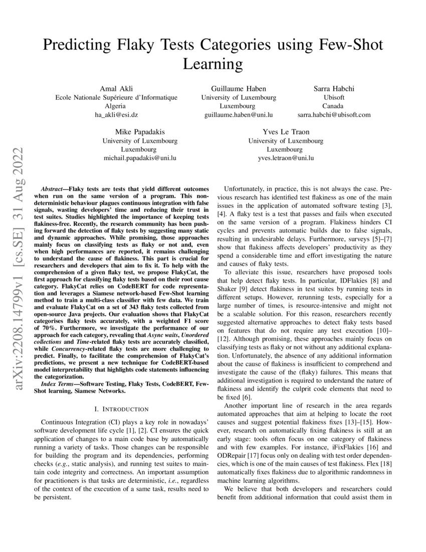 Predicting Flaky Tests Categories Using Few Shot Learning Deepai 7565