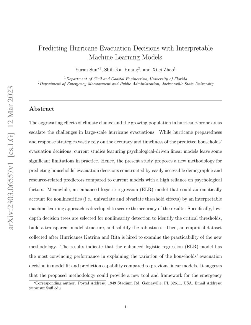 Predicting Hurricane Evacuation Decisions with Interpretable Machine Learning Models | DeepAI