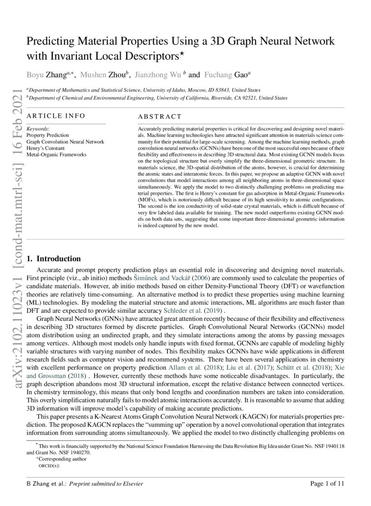 Predicting Material Properties Using A 3d Graph Neural Network With