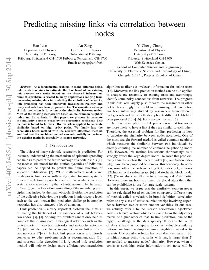 Predicting missing links via correlation between nodes | DeepAI Predicting missing links via correlation between nodes | DeepAI