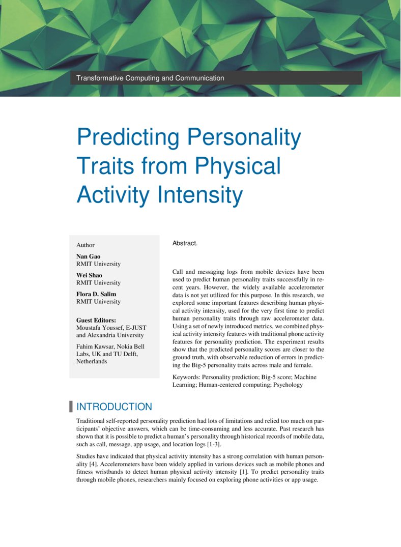 Predicting Personality Traits from Physical Activity Intensity | DeepAI
