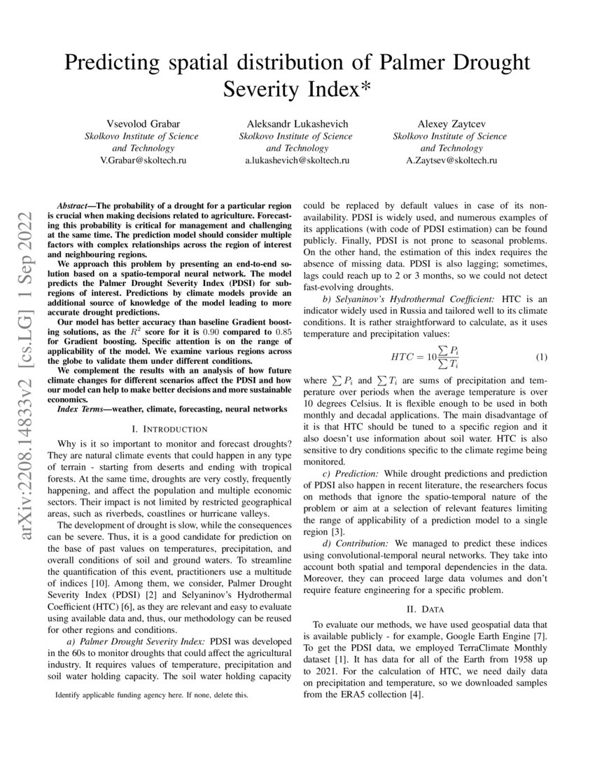 Predicting spatial distribution of Palmer Drought Severity Index | DeepAI