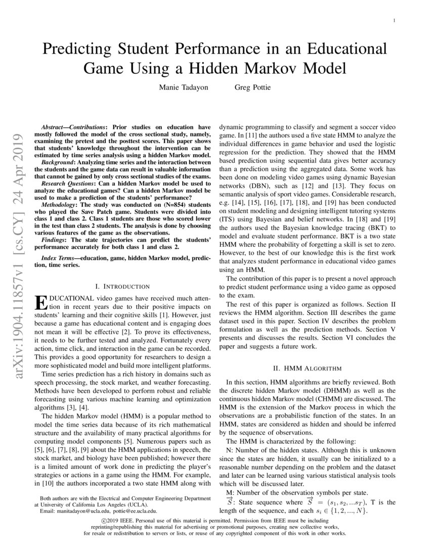 Predicting Student Performance in an Educational Game Using a Hidden Markov Model | DeepAI