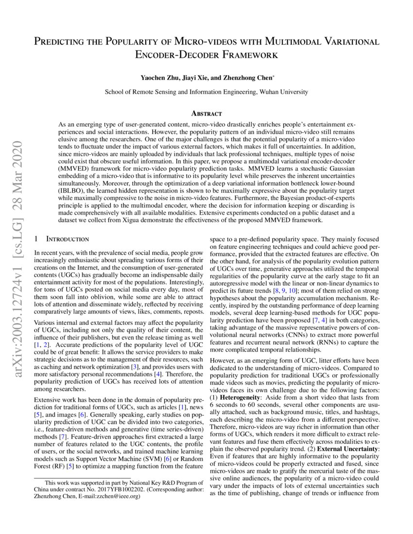 Predicting The Popularity Of Micro Videos With Multimodal Variational Encoder Decoder Framework