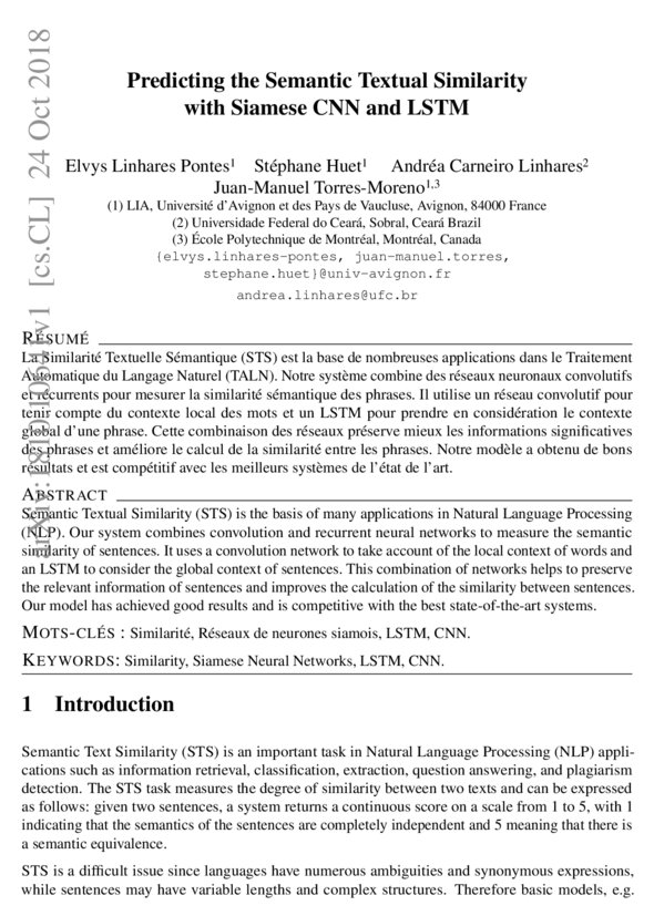 Predicting the Semantic Textual Similarity with Siamese CNN and LSTM ... Predicting the Semantic Textual Similarity with Siamese CNN and LSTM ...
