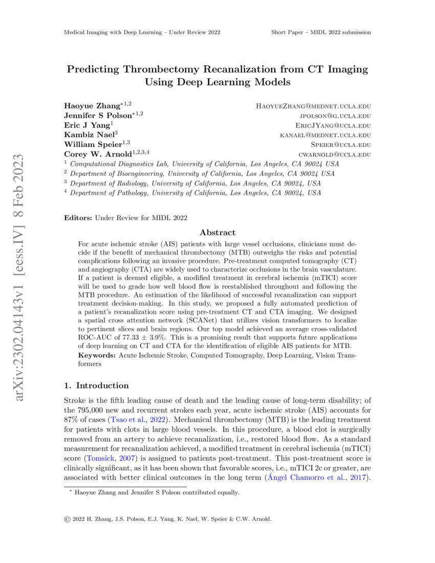 Predicting Thrombectomy Recanalization from CT Imaging Using Deep Learning Models | DeepAI