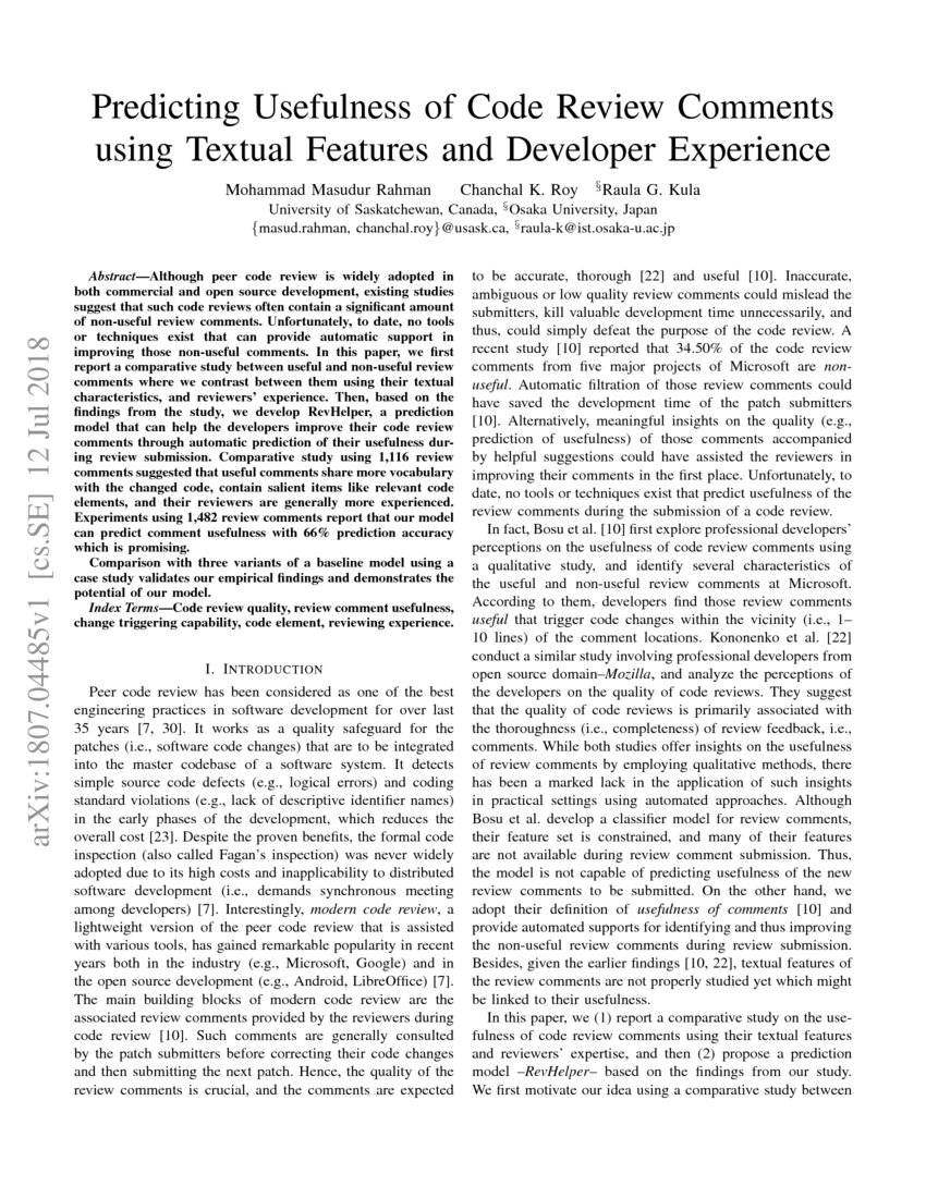 Predicting Usefulness Of Code Review Comments Using Textual Features