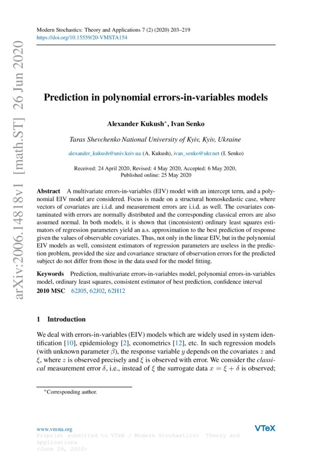 Prediction in polynomial errors-in-variables models | DeepAI