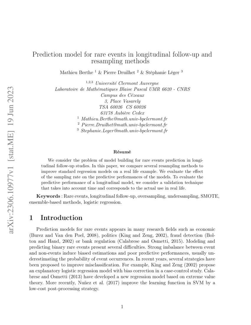 Prediction model for rare events in longitudinal follow-up and resampling methods | DeepAI