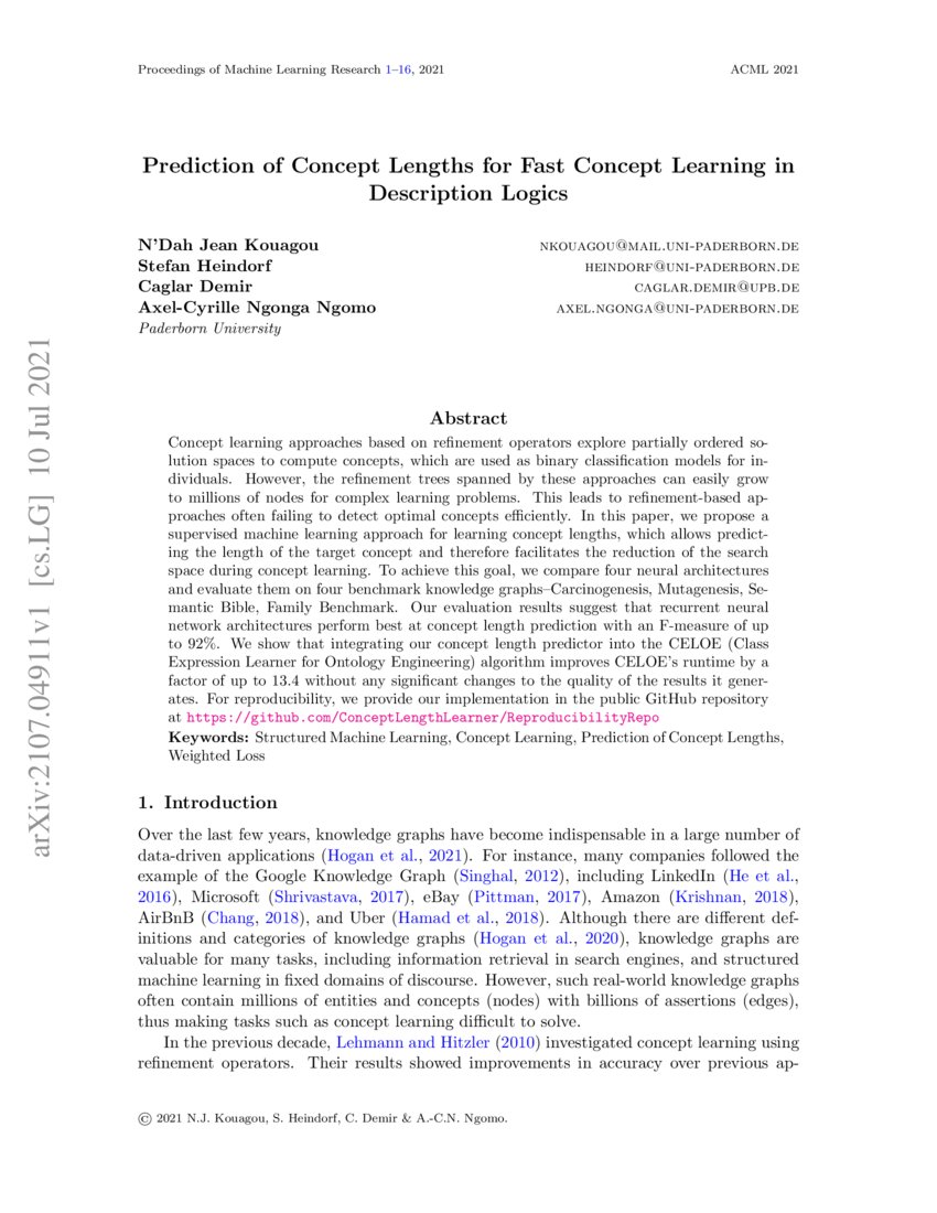 Prediction of concept lengths for fast concept learning in description logics | DeepAI