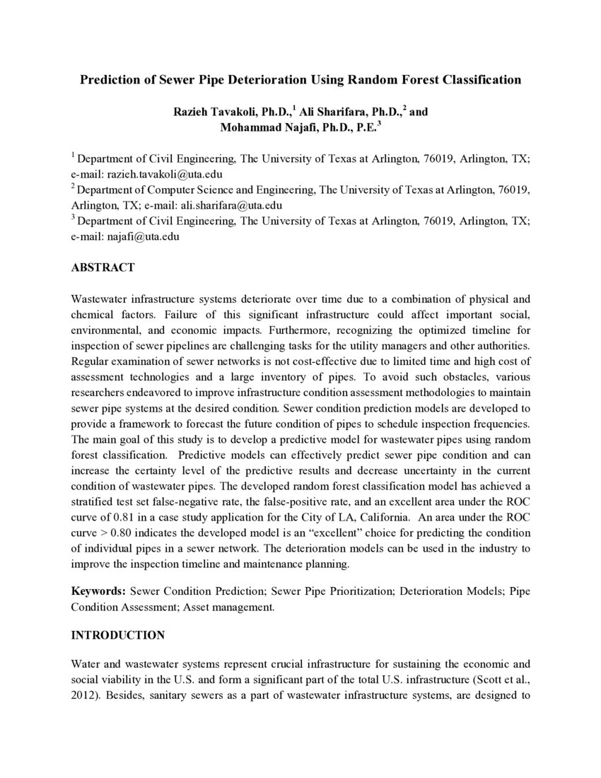 Prediction Of Sewer Pipe Deterioration Using Random Forest Classification Deepai