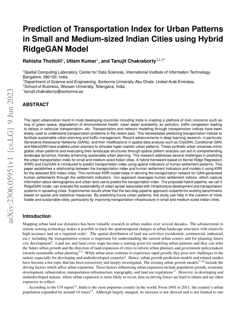 Prediction of Transportation Index for Urban Patterns in Small and Medium-sized Indian Cities ...