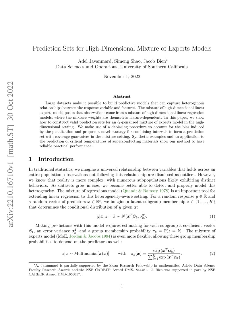 Prediction Sets For High Dimensional Mixture Of Experts Models Deepai