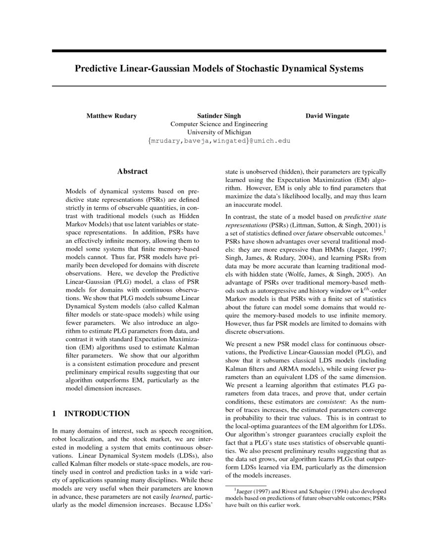 Predictive Linear Gaussian Models Of Stochastic Dynamical Systems Deepai