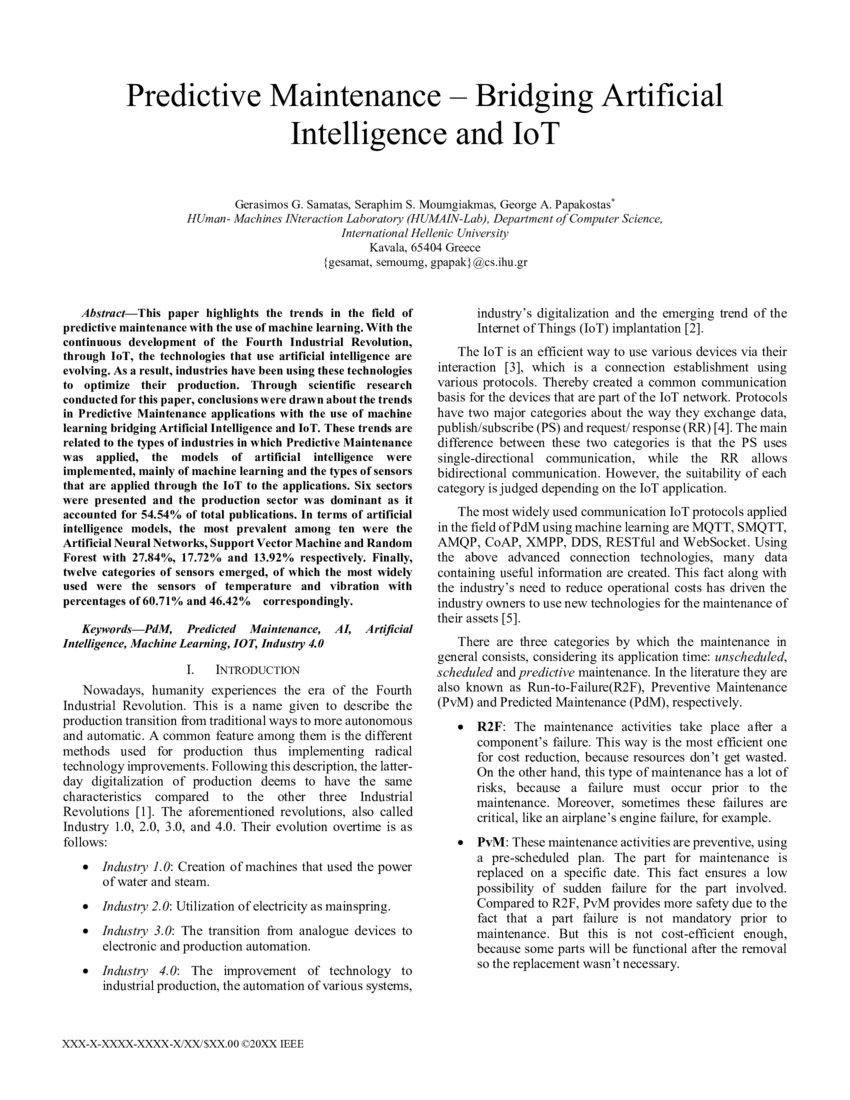 Predictive Maintenance – Bridging Artificial Intelligence and IoT | DeepAI