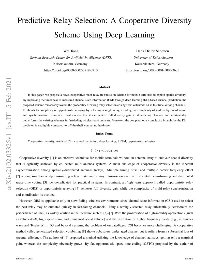 Predictive Relay Selection: A Cooperative Diversity Scheme Using Deep Learning | DeepAI