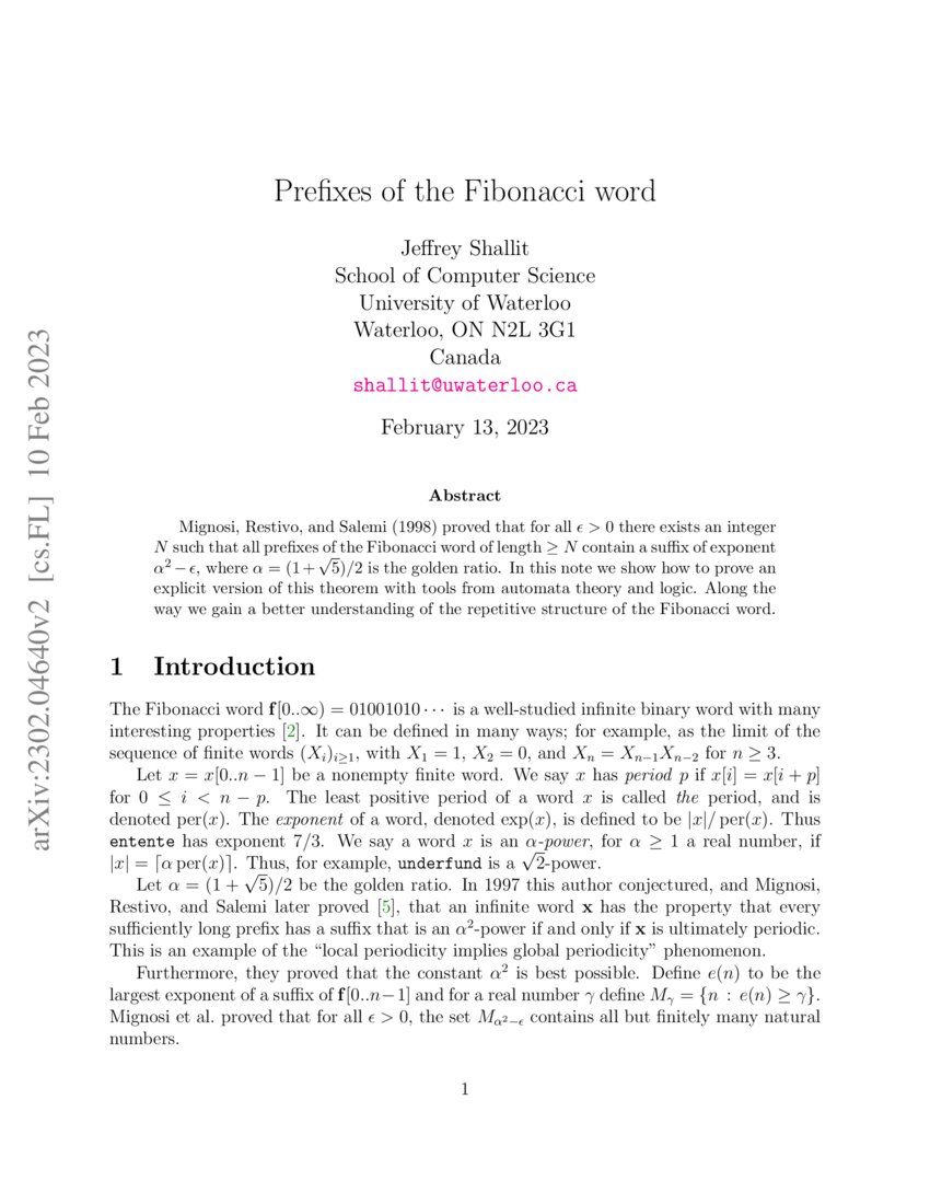 Prefixes of the Fibonacci word | DeepAI