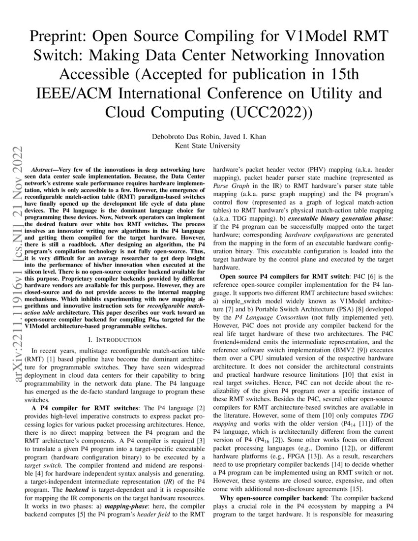 Preprint Open Source Compiling For V1model Rmt Switch Making Data Center Networking Innovation