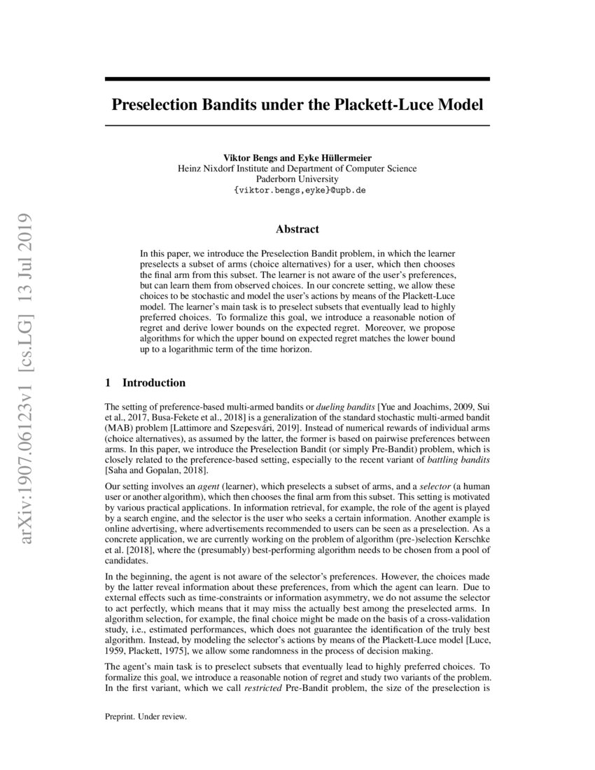 Preselection Bandits under the Plackett-Luce Model | DeepAI