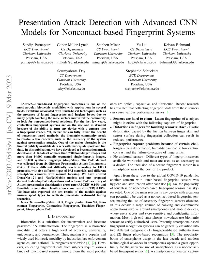 Presentation Attack Detection With Advanced Cnn Models For Noncontact Based Fingerprint Systems