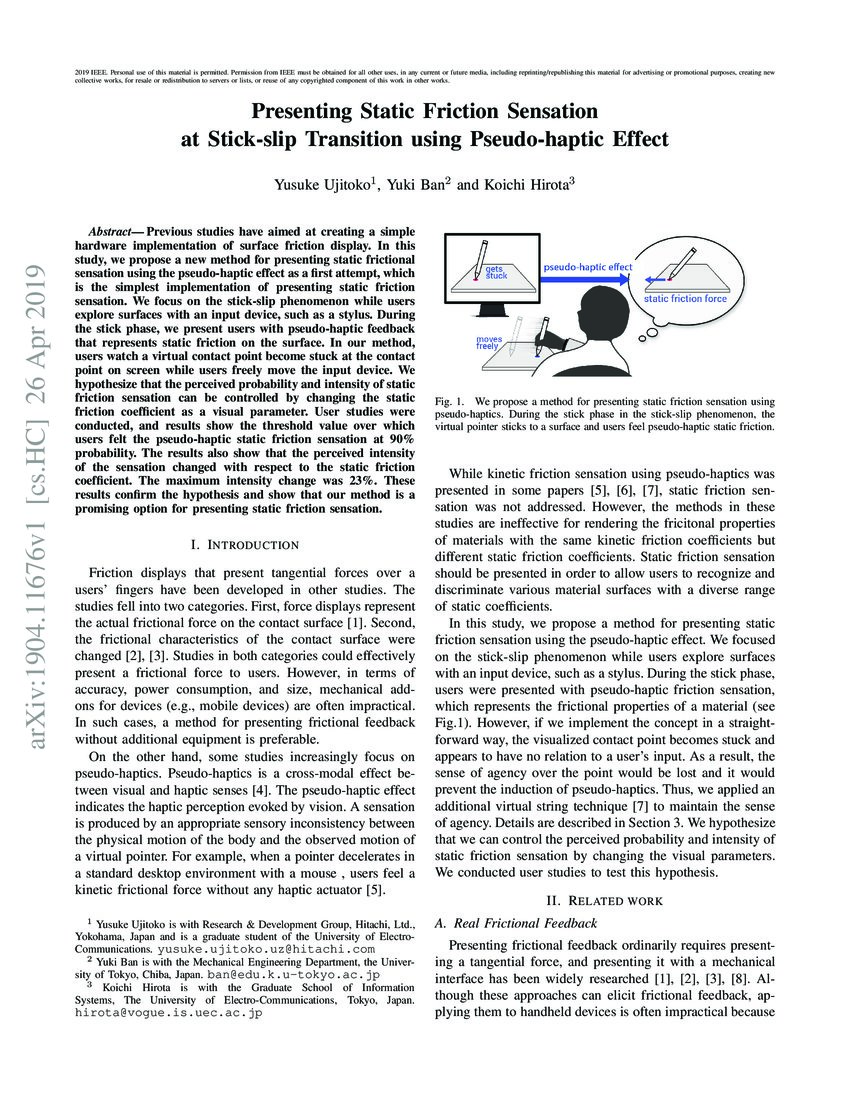 Presenting Static Friction Sensation at Stick-slip Transition using ...