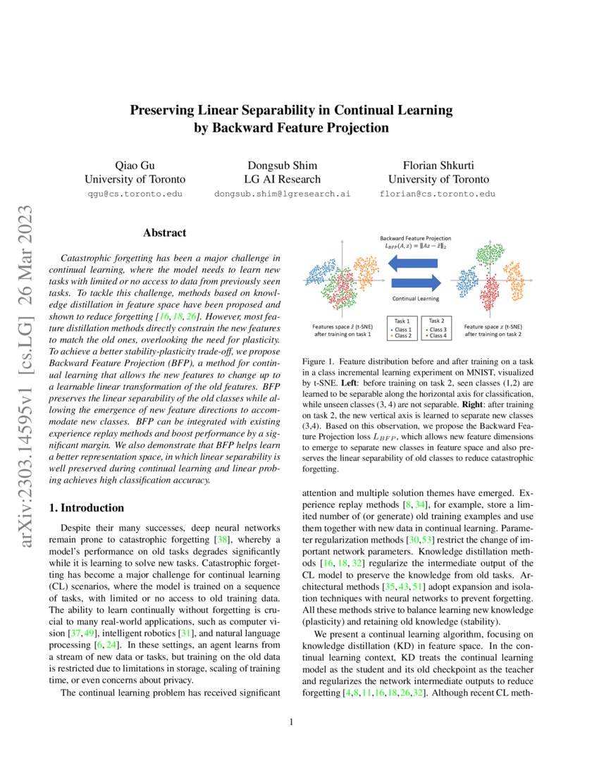Preserving Linear Separability In Continual Learning By Backward Feature Projection Deepai