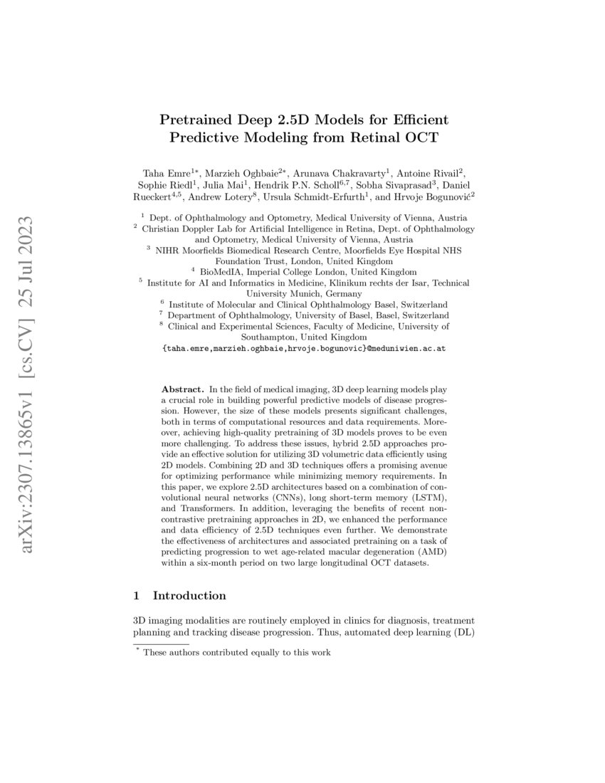 Pretrained Deep 2.5D Models for Efficient Predictive Modeling from Retinal OCT | DeepAI
