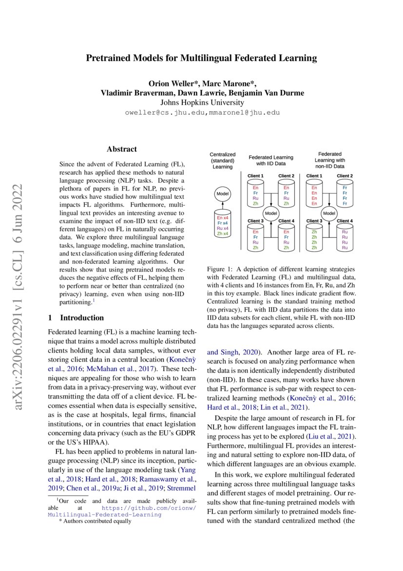 Pretrained Models for Multilingual Federated Learning | DeepAI