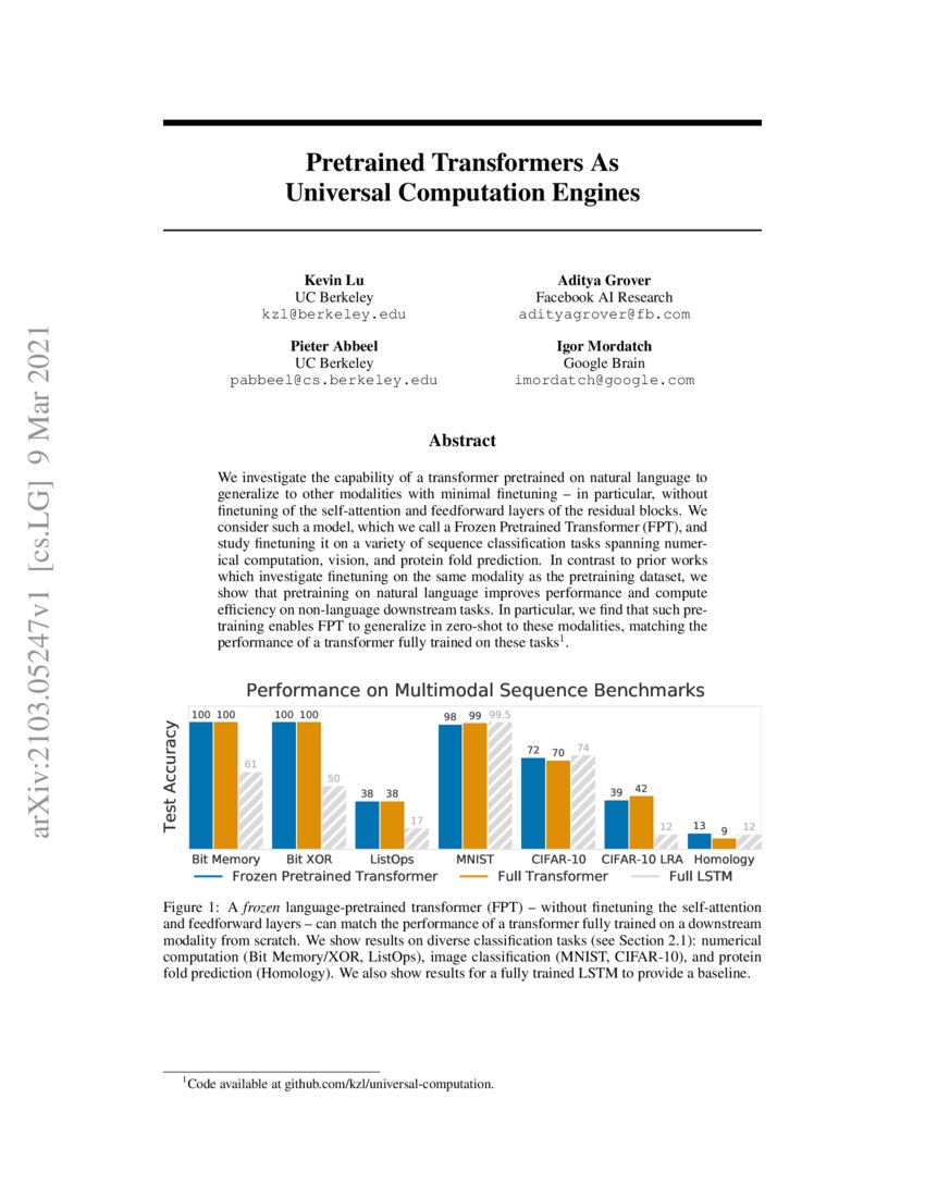 Pretrained Transformers As Universal Computation Engines Deepai