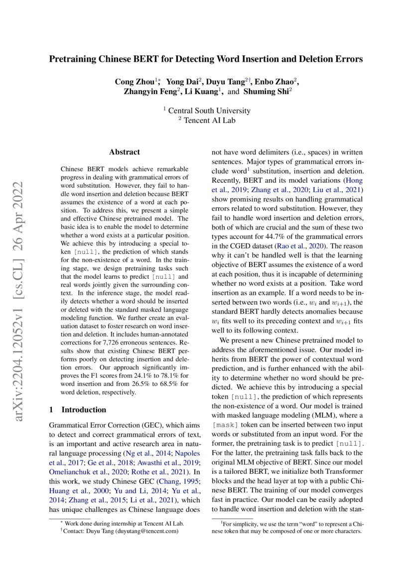 Pretraining Chinese BERT for Detecting Word Insertion and Deletion Errors | DeepAI