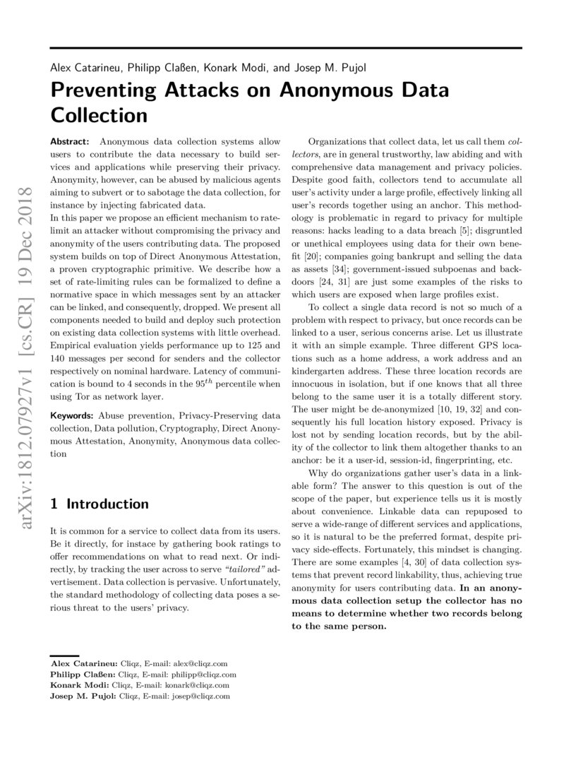 Preventing Attacks on Anonymous Data Collection | DeepAI