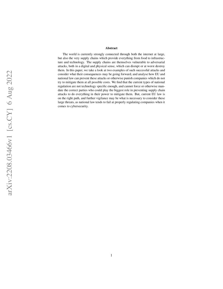 Preventing or Mitigating Adversarial Supply Chain Attacks; a legal ... Preventing or Mitigating Adversarial Supply Chain Attacks; a legal ...