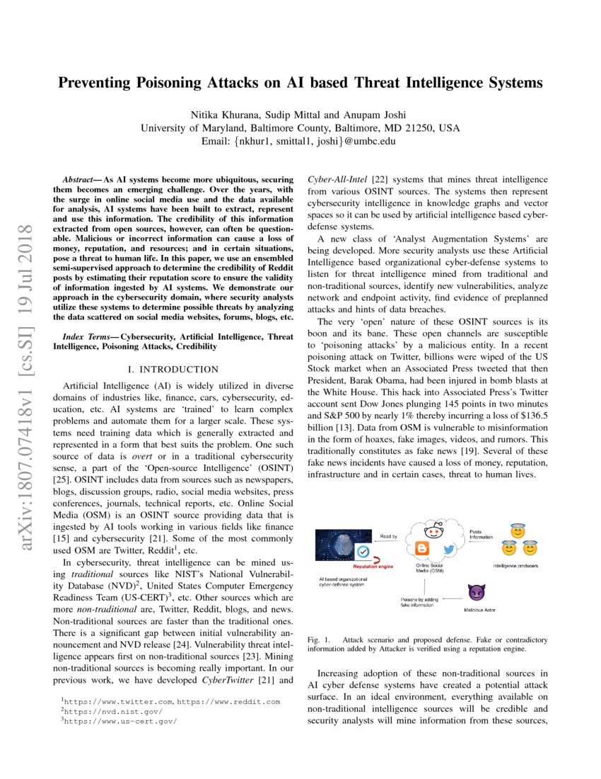 Preventing Poisoning Attacks on AI based Threat Intelligence Systems ...