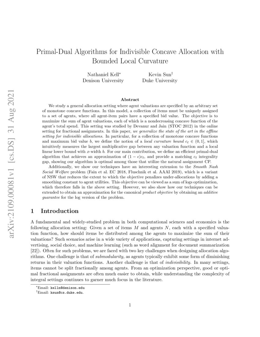Primal Dual Algorithms For Indivisible Concave Allocation With Bounded Local Curvature Deepai