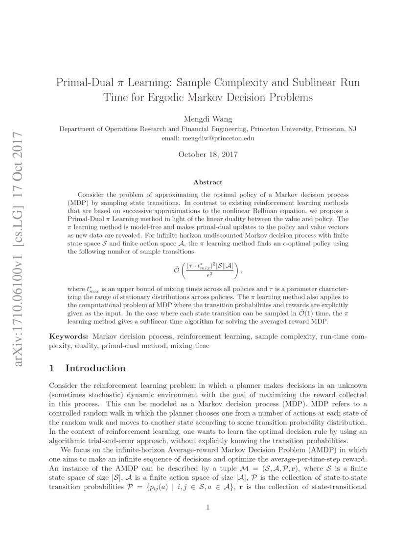 Primal-Dual π Learning: Sample Complexity and Sublinear Run Time for Ergodic Markov Decision ...