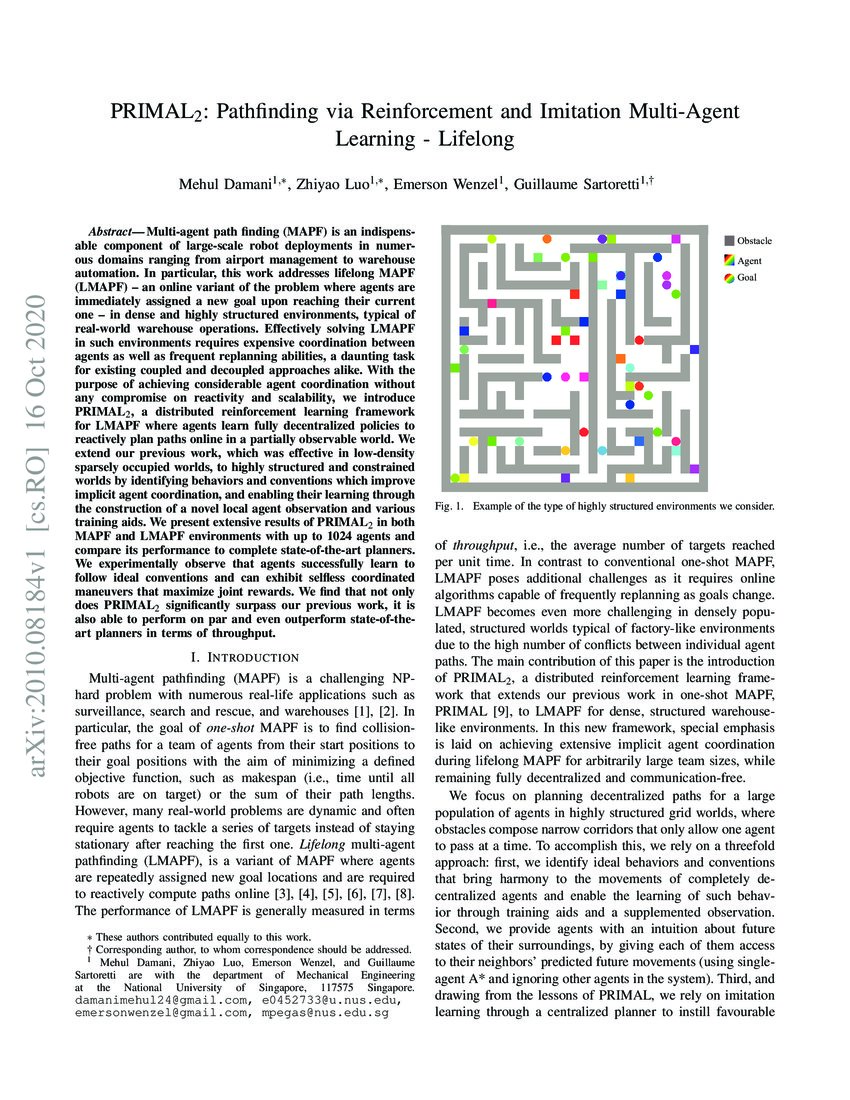 PRIMAL2: Pathfinding via Reinforcement and Imitation Multi-Agent Learning – Lifelong | DeepAI