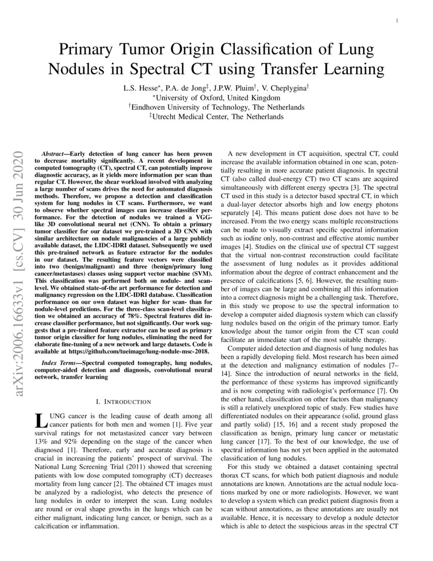 Primary Tumor Origin Classification Of Lung Nodules In Spectral Ct Using Transfer Learning Deepai