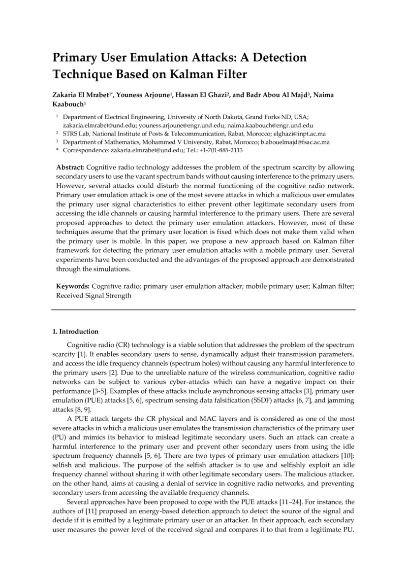 Primary User Emulation Attacks A Detection Technique Based On Kalman Filter Deepai