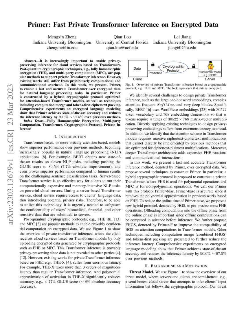 Primer: Fast Private Transformer Inference on Encrypted Data | DeepAI