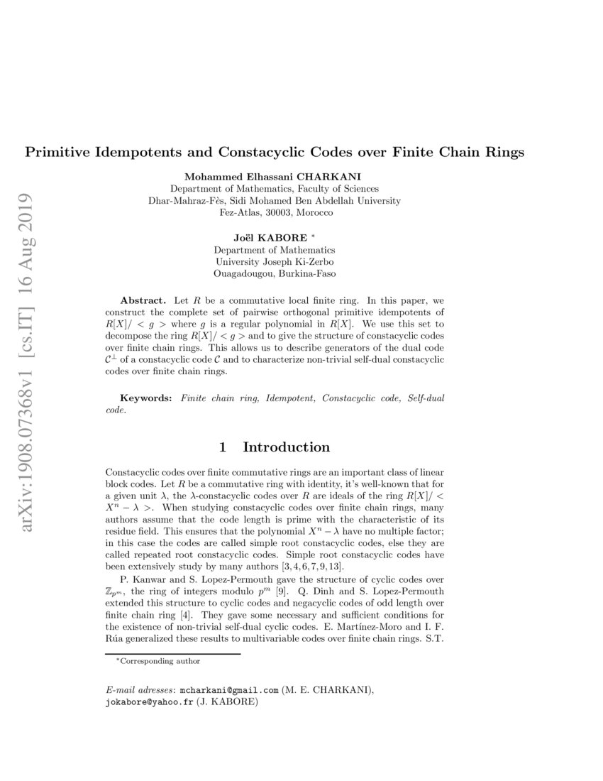 Primitive Idempotents And Constacyclic Codes Over Finite Chain Rings Deepai