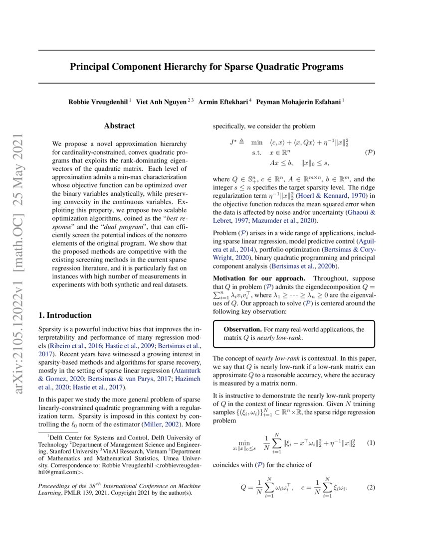 Principal Component Hierarchy for Sparse Quadratic Programs | DeepAI