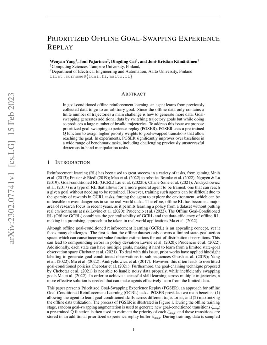 Prioritized offline Goal-swapping Experience Replay | DeepAI