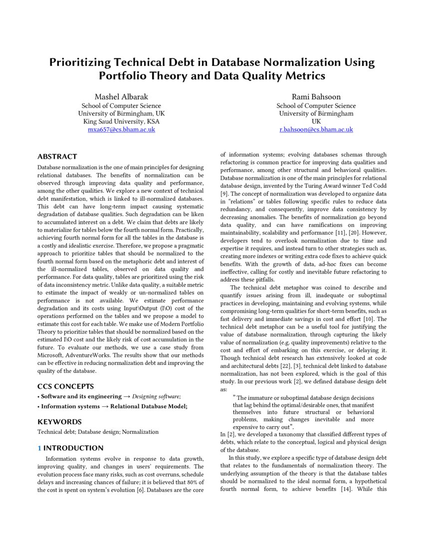 Prioritizing Technical Debt In Database Normalization Using Portfolio Theory And Data Quality 