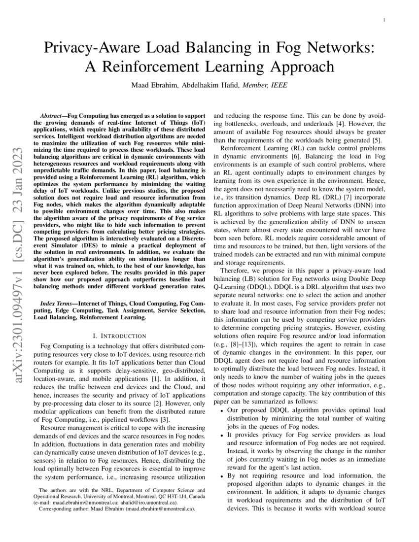 Privacy-Aware Load Balancing in Fog Networks: A Reinforcement Learning Approach | DeepAI