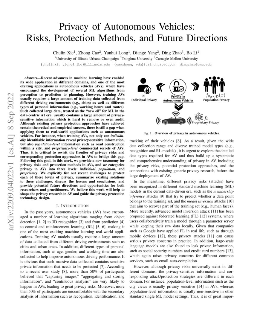 Privacy of Autonomous Vehicles: Risks, Protection Methods, and Future Directions | DeepAI