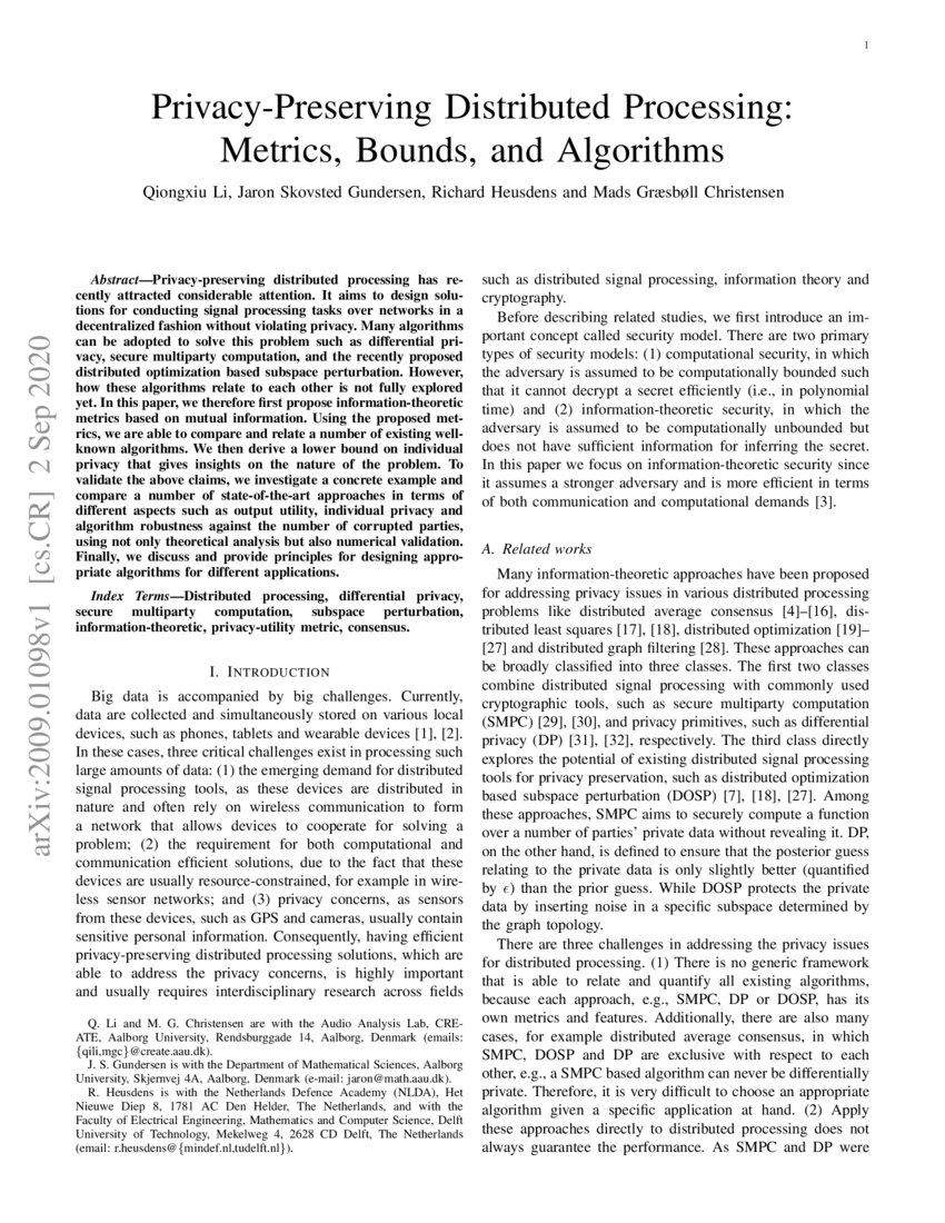 Privacy Preserving Distributed Processing Metrics Bounds And Algorithms Deepai