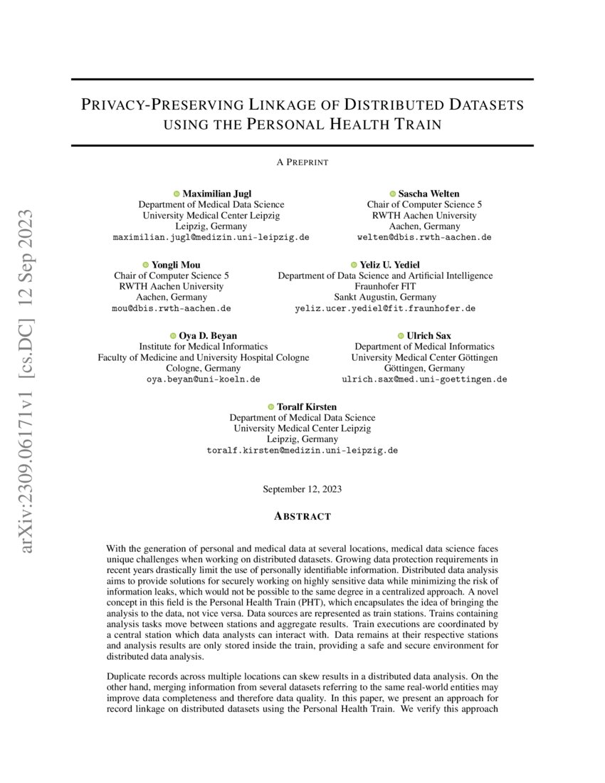 Privacy-Preserving Linkage of Distributed Datasets using the Personal ...