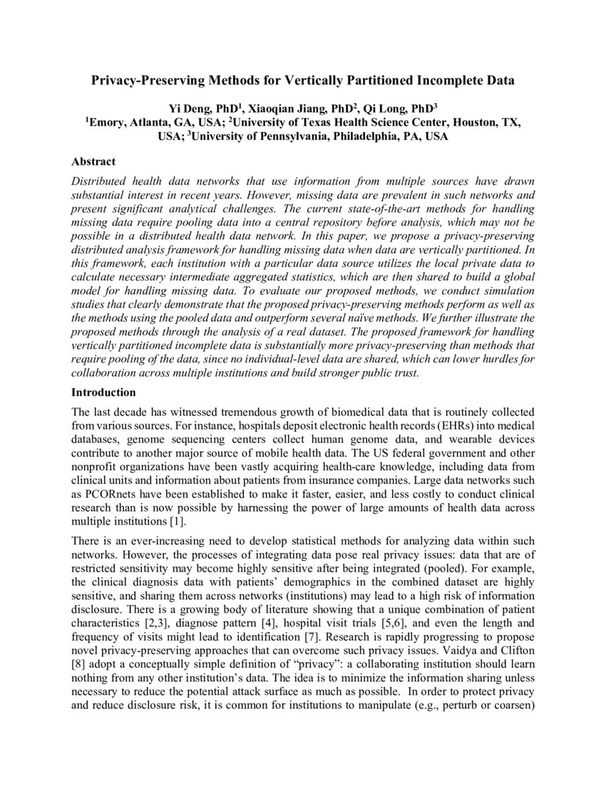 Privacy-Preserving Methods for Vertically Partitioned Incomplete Data | DeepAI