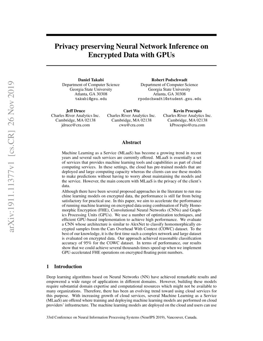 Privacy preserving Neural Network Inference on Encrypted Data with GPUs | DeepAI