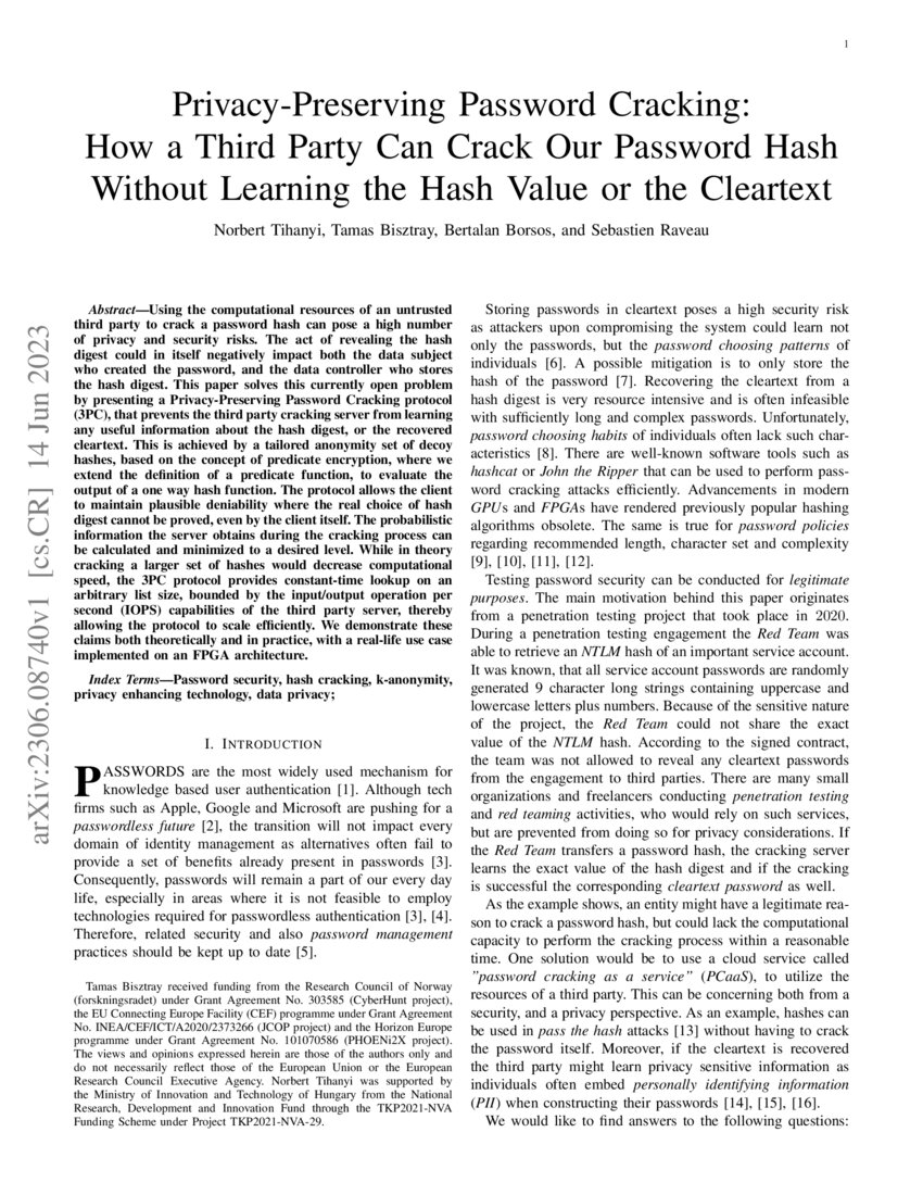 Privacy-Preserving Password Cracking: How a Third Party Can Crack Our Password Hash Without ...